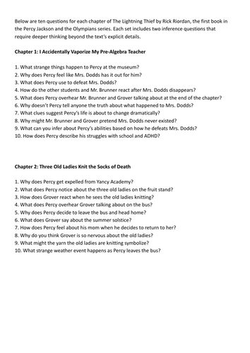 The Lightning Thief by Rick Riordan - questions for each chapter ...