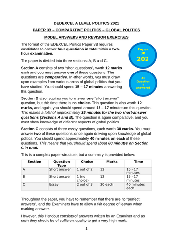EDEXCEL A Level Politics Model Answers - Full Papers - Paper 3b Global Politics - 2021 - Handout ...