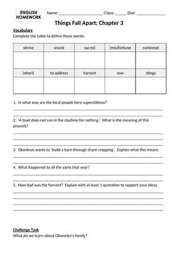 Things Fall Apart IGCSE HOMEWORK | Teaching Resources