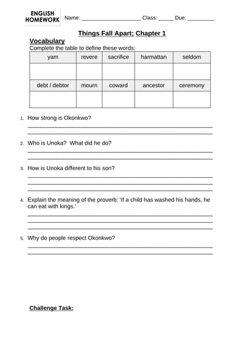 Things Fall Apart IGCSE HOMEWORK | Teaching Resources