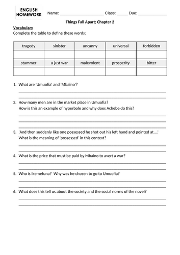 Things Fall Apart IGCSE HOMEWORK | Teaching Resources