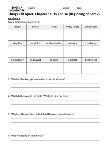 Things Fall Apart IGCSE HOMEWORK | Teaching Resources