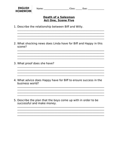 Death of a Salesman IGCSE HOMEWORK | Teaching Resources