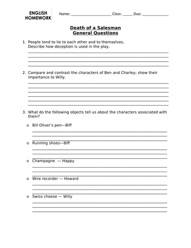 Death of a Salesman IGCSE HOMEWORK | Teaching Resources