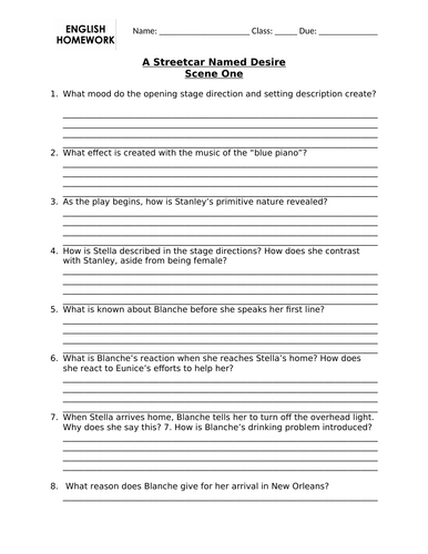 A Streetcar Names Desire IGCSE HOMEWORK | Teaching Resources