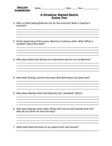A Streetcar Names Desire IGCSE HOMEWORK | Teaching Resources
