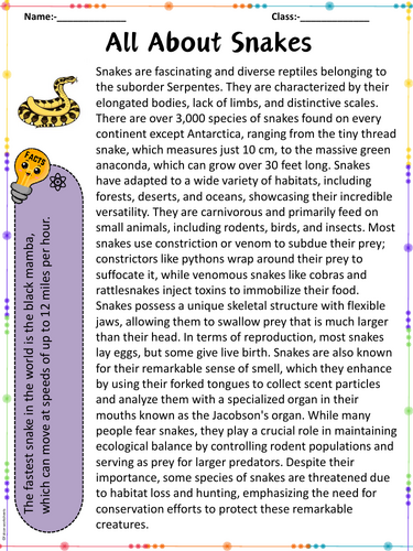 Exploring Snakes: Engaging Reading Passage with Questions | Teaching ...