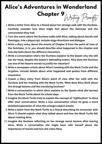 Alice's Adventures in Wonderland Chapter 9 Post-Reading Creative Writing Prompts | Teaching ...