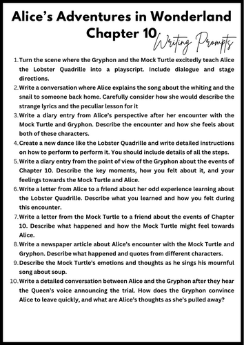Alice's Adventures in Wonderland Chapter 10 Creative Writing Prompts ...