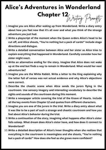 Alice's Adventures in Wonderland Chapter 12 Creative Writing Prompts ...