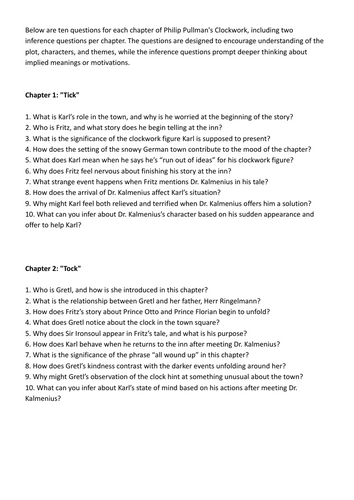 Philip Pullman's Clockwork questions per chapter | Teaching Resources