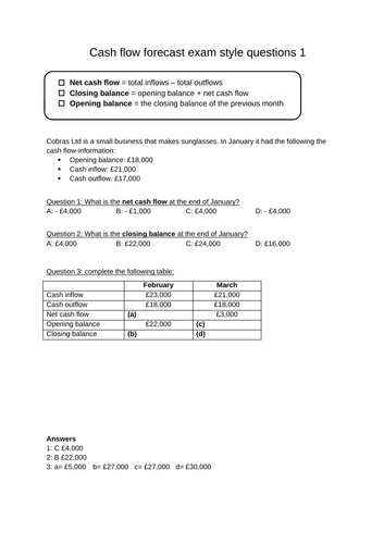 Cash Flow Forecast Worksheets Business GCSE/A-Level | Teaching Resources