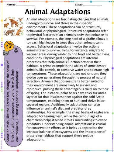 Discover Animal Adaptations: Engaging Reading Passage & Quiz Questions ...