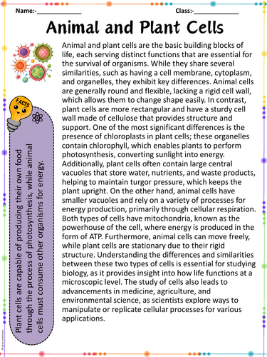Exploring Animal and Plant Cells: Engaging Reading Passage & Quiz ...