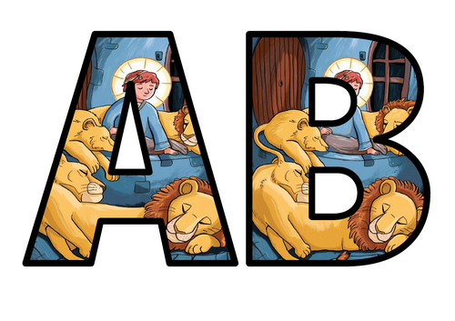 Bible Story Daniel Lions Den Asleep Miracle Lettering Set Display Title ...