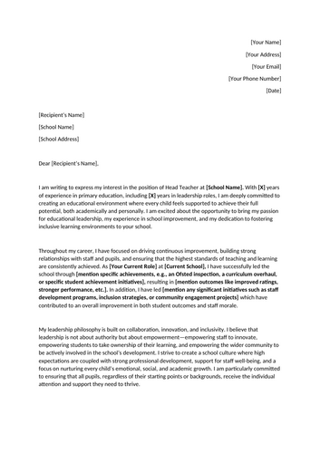 Headteacher Job Application: Cover Letter and Personal Statement ...