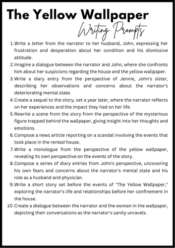 The Yellow Wallpaper Post-Reading Creative Narrative Writing Prompts ...