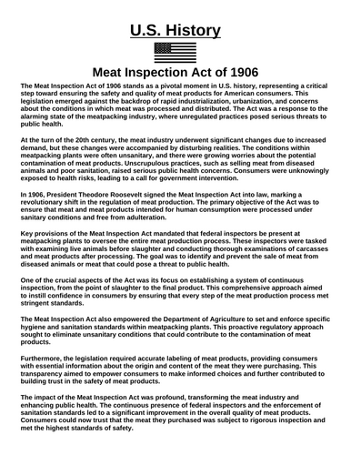 Meat Inspection Act of 1906 “Article & Questions” Assignment | Teaching ...