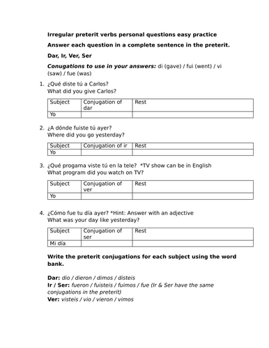 Irregular preterit verbs personal questions easy practice | Teaching ...