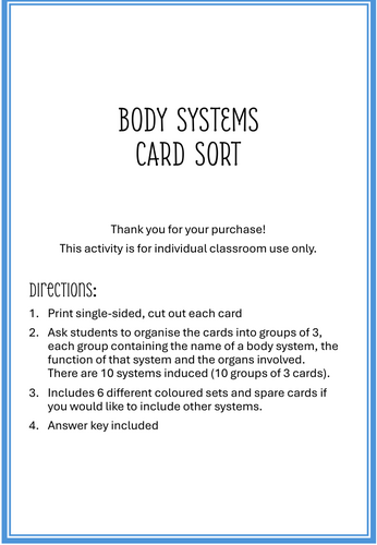 Body Systems Card Sort Activity | Teaching Resources