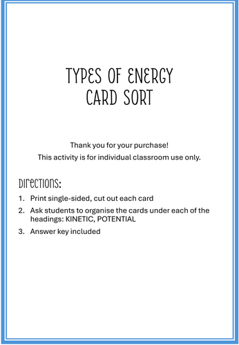 Types of Energy Card Sort Activity | Teaching Resources