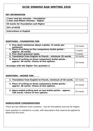 AQA GCSE SPANISH WRITING NEW SPEC 2026 | Teaching Resources