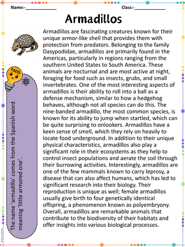 Discover Armadillos: Engaging Reading Passage with Interactive Questions | Teaching Resources