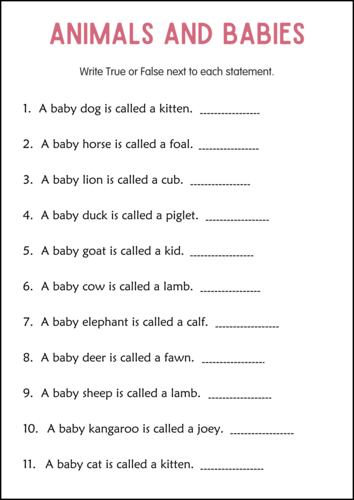 Animals and Their Babies Worksheets - Mother and Baby Animals for Grade ...