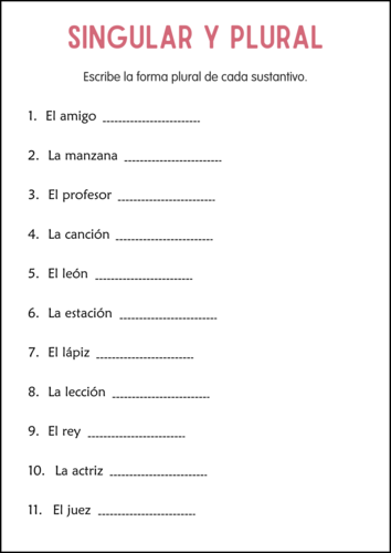 Printable Singular and Plural Nouns Worksheets in Spanish for Grade 2 ...