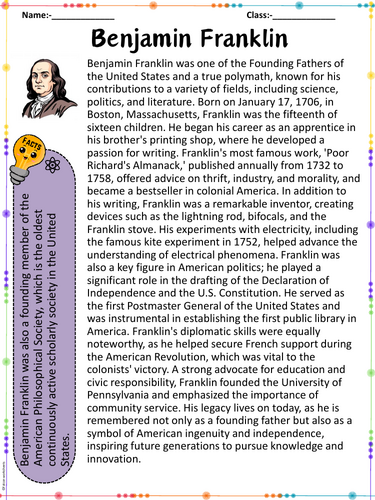 Exploring the Legacy of Benjamin Franklin: Engaging Reading Passage and ...