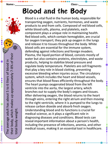 Exploring Blood and the Body: Engaging Reading Passage with Questions ...
