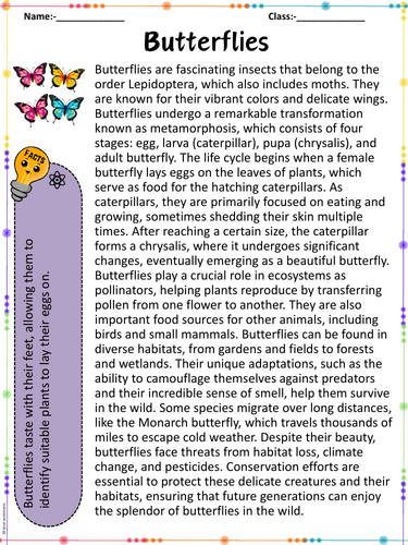 Exploring Butterflies: Engaging Reading Passage and Quiz Questions ...