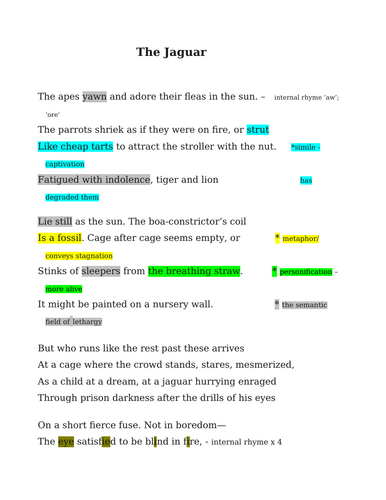 LEVEL 9 analysis of "The Jaguar" Ted Hughes poetry anthology iGCSE ...