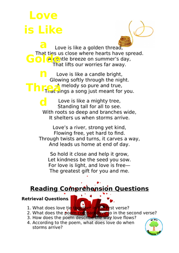 FREE! 'Love is Like a Golden Thread' poem - KS2 COMPREHENSION QUESTIONS ...