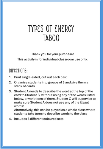 Types of Energy Taboo Revision Game | Teaching Resources
