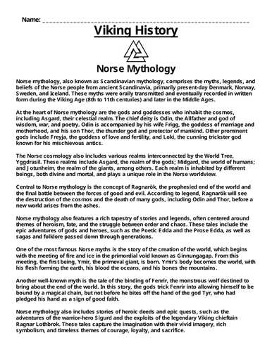 Norse Mythology “Article & Questions” Assignment | Teaching Resources