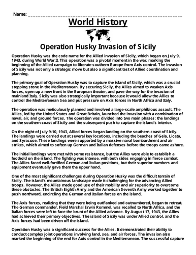 Operation Husky Invasion of Sicily “Article & Questions” Assignment ...