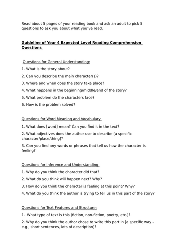 Year 4 Reading Comprehension Questions | Teaching Resources