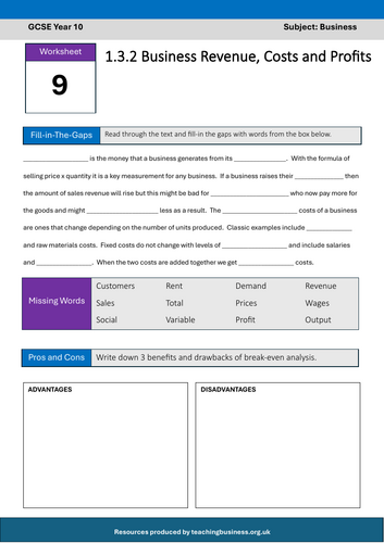 1.3.2 Business Revenue, Costs and Profits Worksheet | Teaching Resources