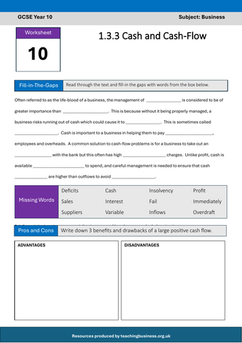 1.3.3 Cash and Cash Flow Worksheet | Teaching Resources