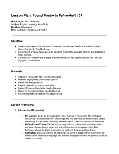Lesson Plan: Found Poetry in Fahrenheit 451 | Teaching Resources