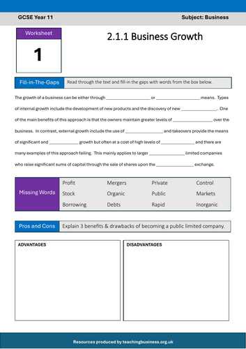 2.1.1 Business Growth Worksheet | Teaching Resources