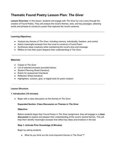 Thematic Found Poetry Lesson Plan: The Giver | Teaching Resources