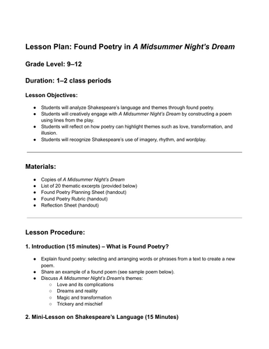Lesson Plan: Found Poetry in A Midsummer Night’s Dream | Teaching Resources