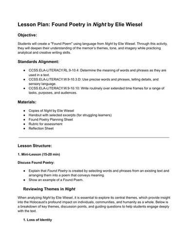 Lesson Plan: Found Poetry in Night by Elie Wiesel | Teaching Resources