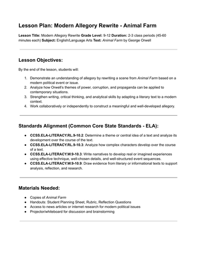 Lesson Plan: Modern Allegory Rewrite - Animal Farm | Teaching Resources