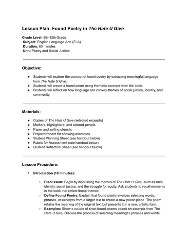 Lesson Plan: Found Poetry in The Hate U Give | Teaching Resources