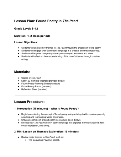 Lesson Plan: Found Poetry in The Pearl | Teaching Resources