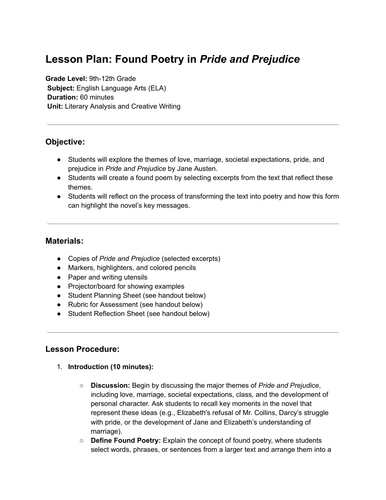 Lesson Plan: Found Poetry in Pride and Prejudice | Teaching Resources