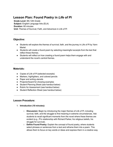 Lesson Plan: Found Poetry in Life of Pi | Teaching Resources